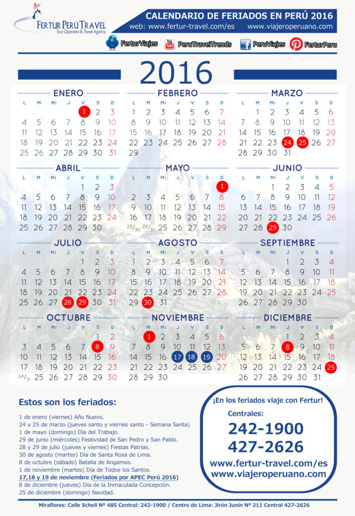 Imagen del calendario de Perú 2016 con feriados marcados y Apec de ...