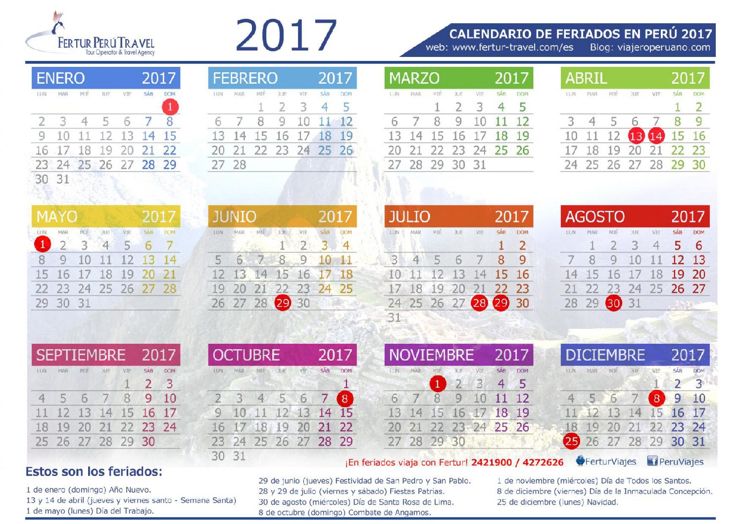 Calendario de Perú 2017 en PDF para imprimir en A4 | Viajero Peruano